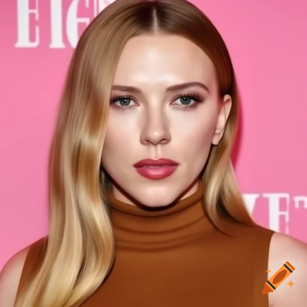Scarlett Johansson in brown turtleneck tank top against hot pink backdrop on Craiyon