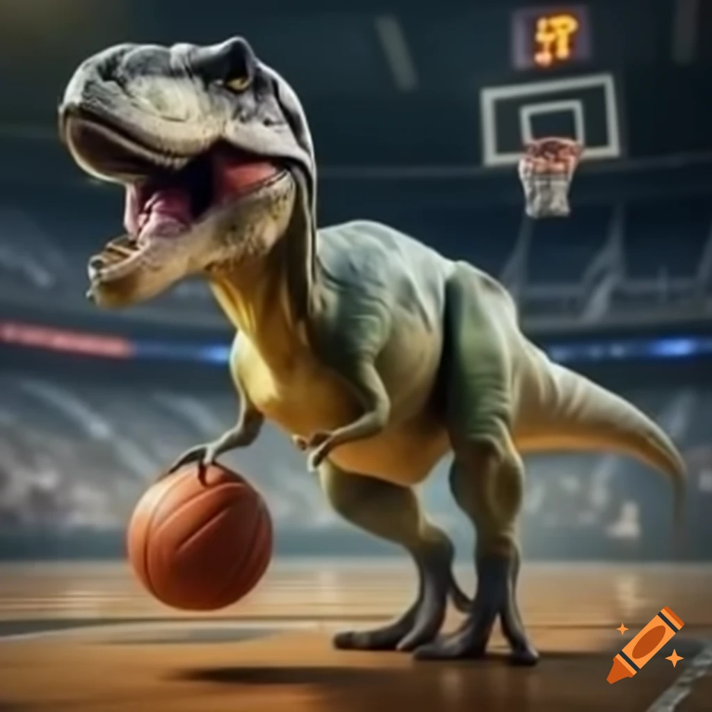 T-Rex playing basketball in a humorous scene on Craiyon