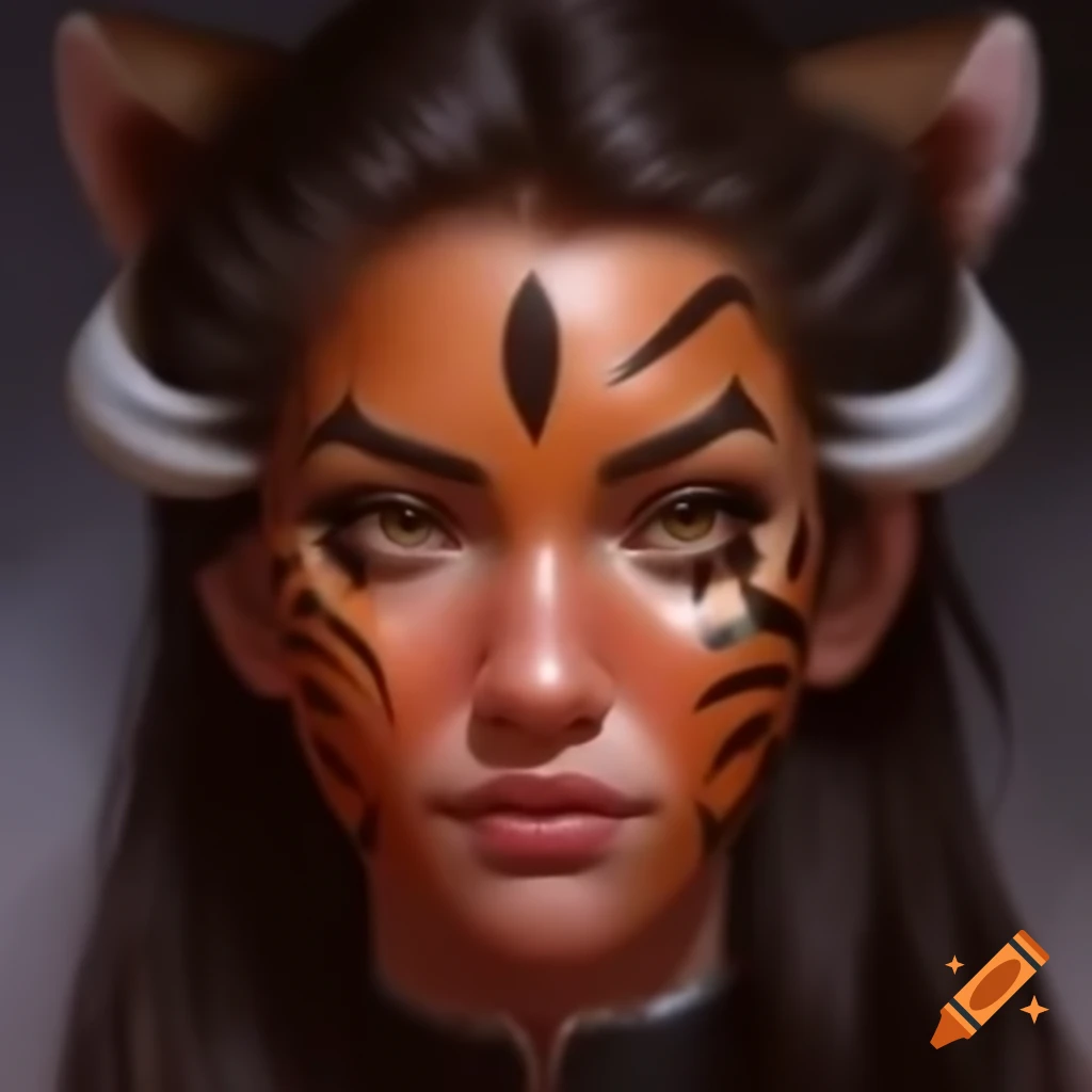 Brunette woman with tiger stripe face paint and tiger ears, hyper ...