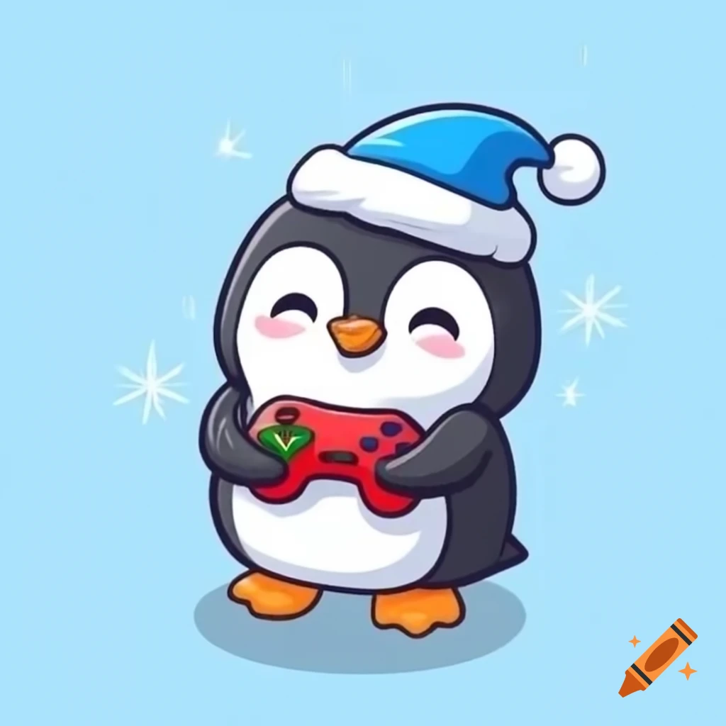 Cute penguin wearing Christmas hat playing with gaming controller on ...