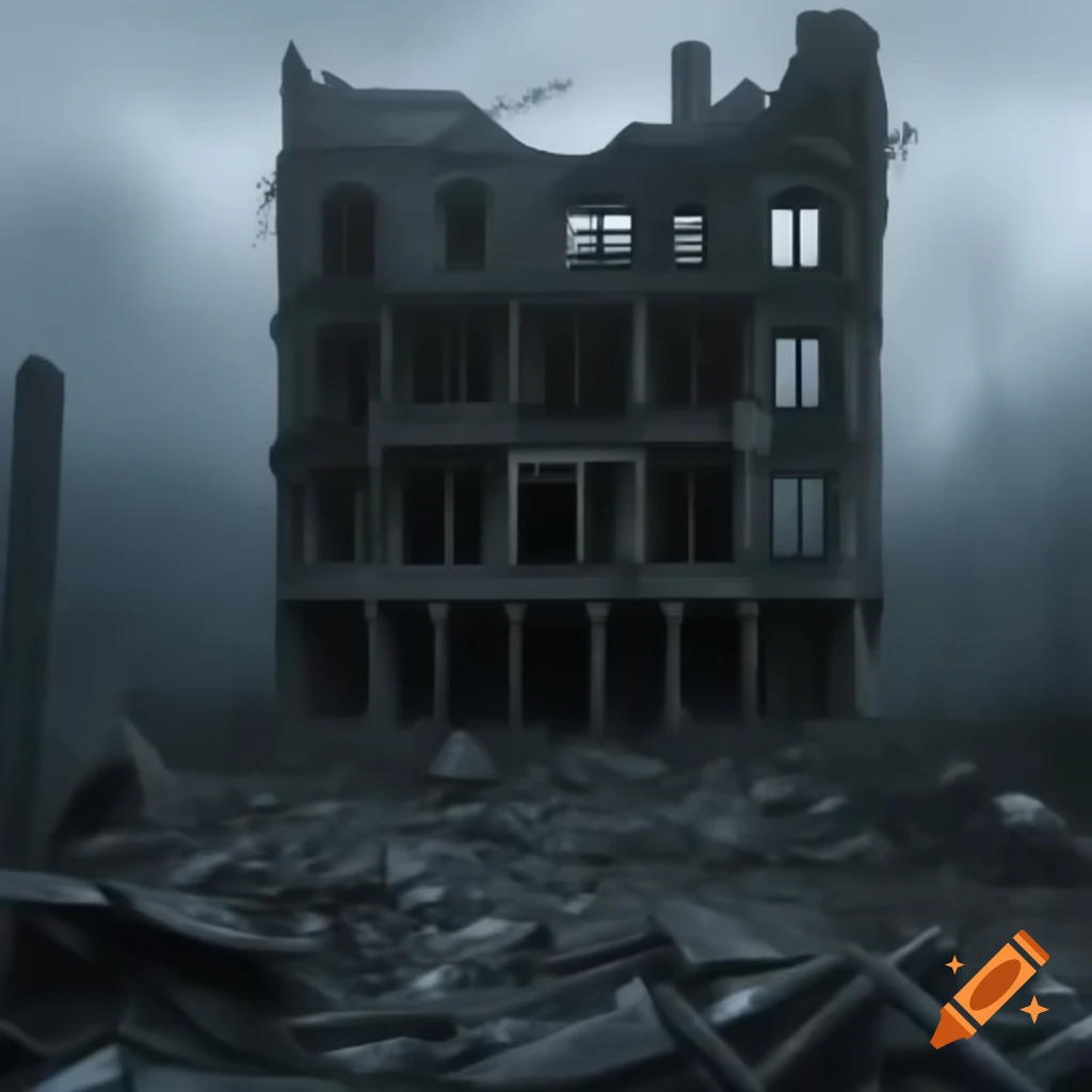 Abandoned building with tattered flag amidst swirling mist and rubble ...