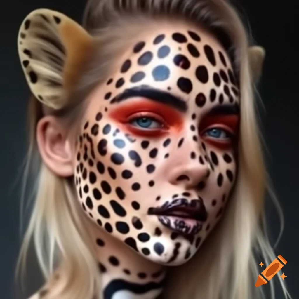 Blonde woman with leopard spots on face and leopard ears in hair on Craiyon