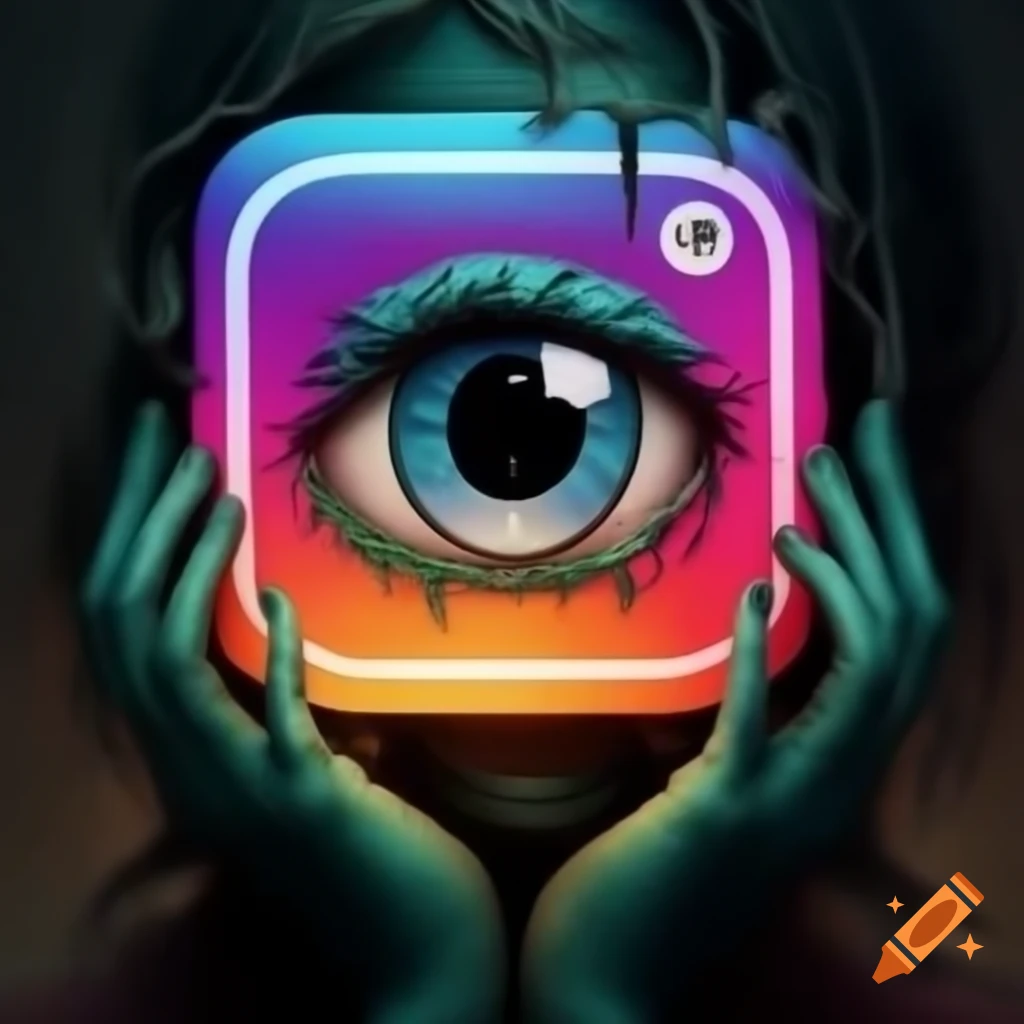 Instagram logo with zombie eye and hands gripping it on Craiyon