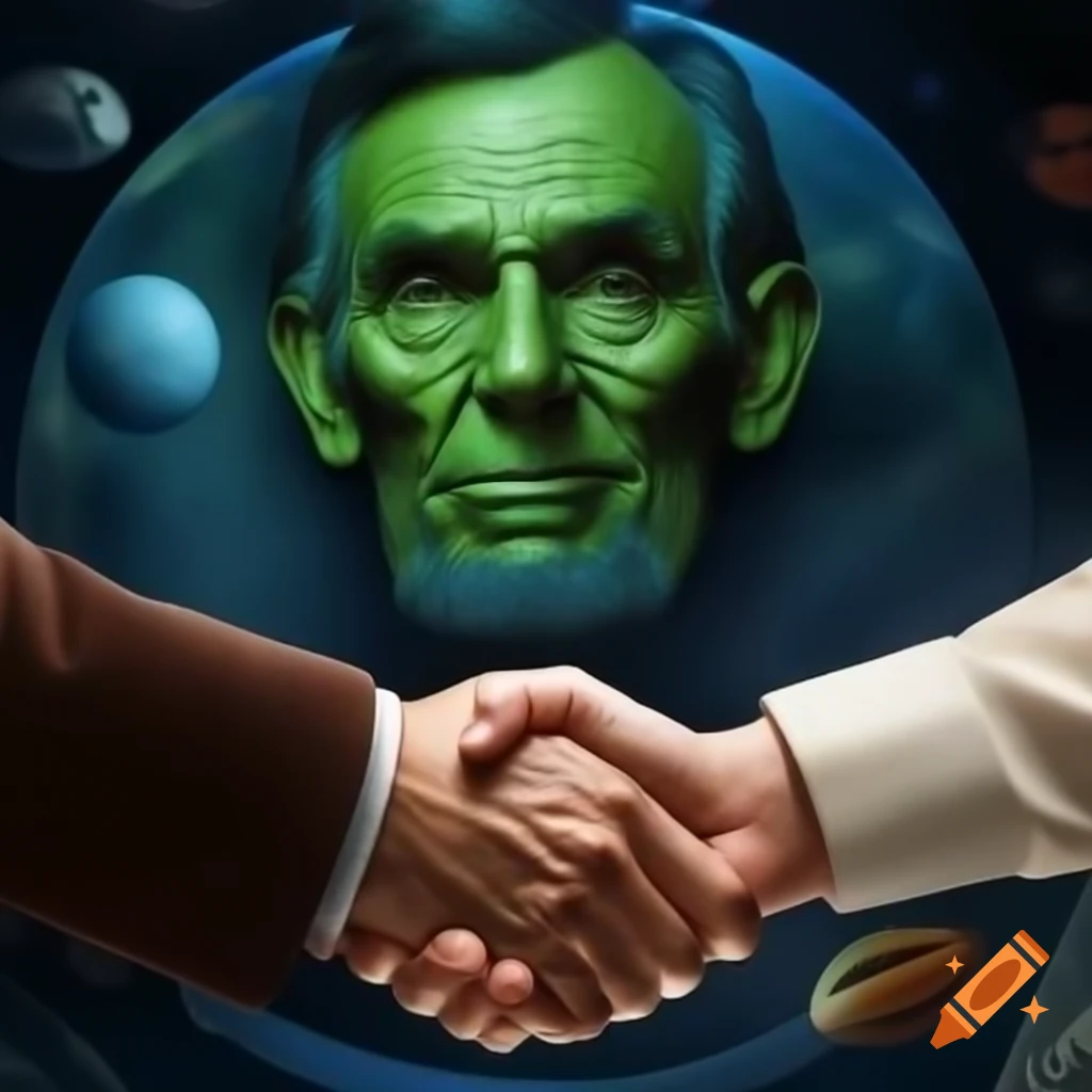 Abraham Lincoln greeting a green humanoid alien on Craiyon