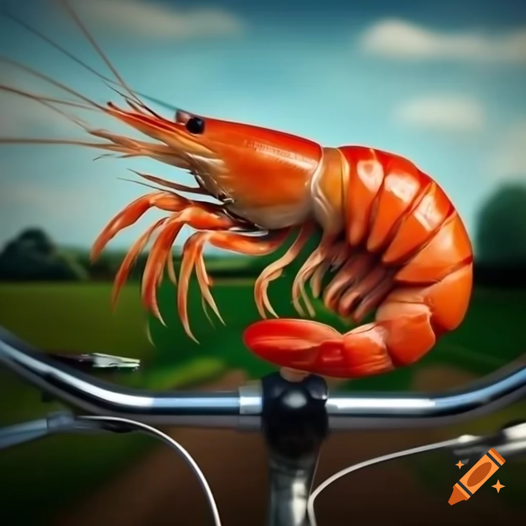 Realistic photo of shrimp on a bike with countryside backdrop on Craiyon