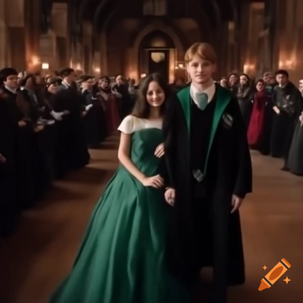 Slytherin student in gown at yule ball with hufflepuff boyfriend in ...