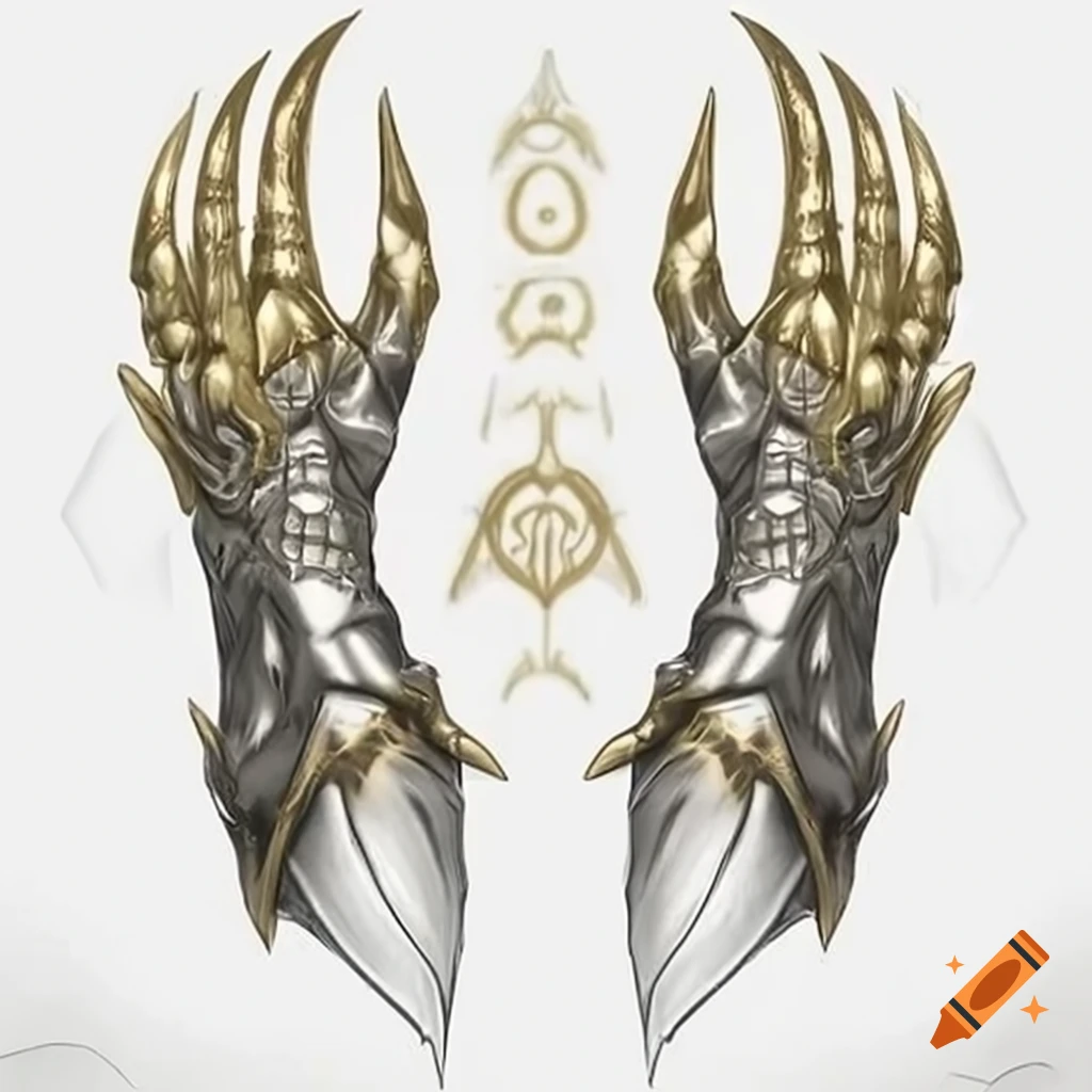 Intricate three-fingered gold claw gauntlets with dragon scales and ...