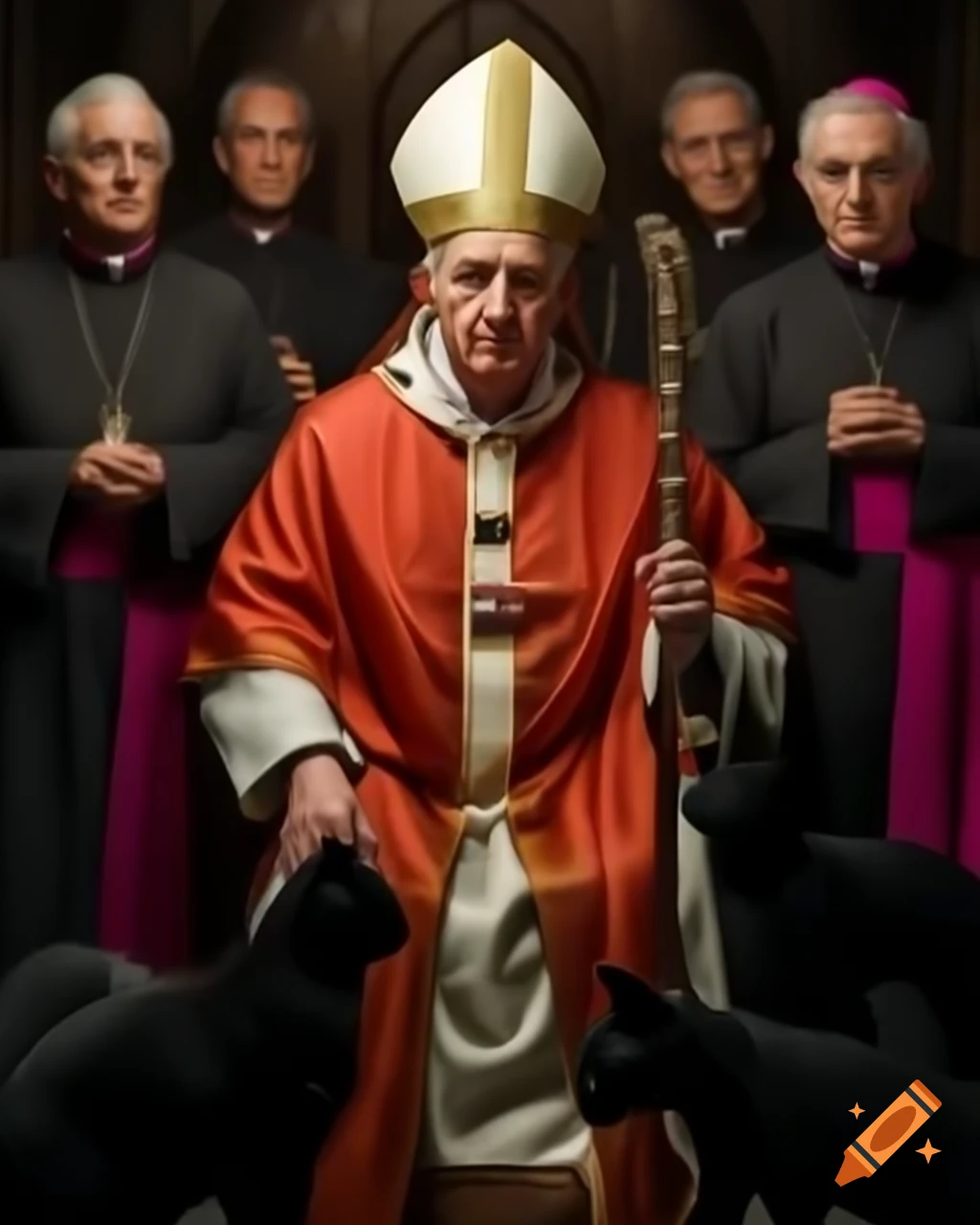 Medieval Pope Gregory V in regal robes pointing at black cats with ...