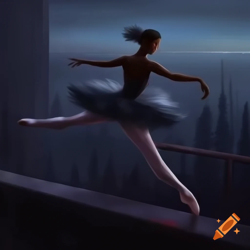 Rebel ballerina in punk attire dancing against futuristic cityscape at ...