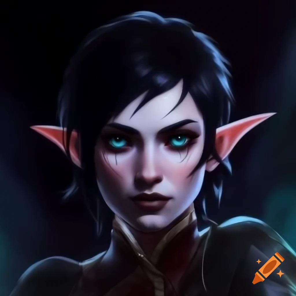 Gothic elf woman with dark hair in dynamic pose, ethereal intensity ...