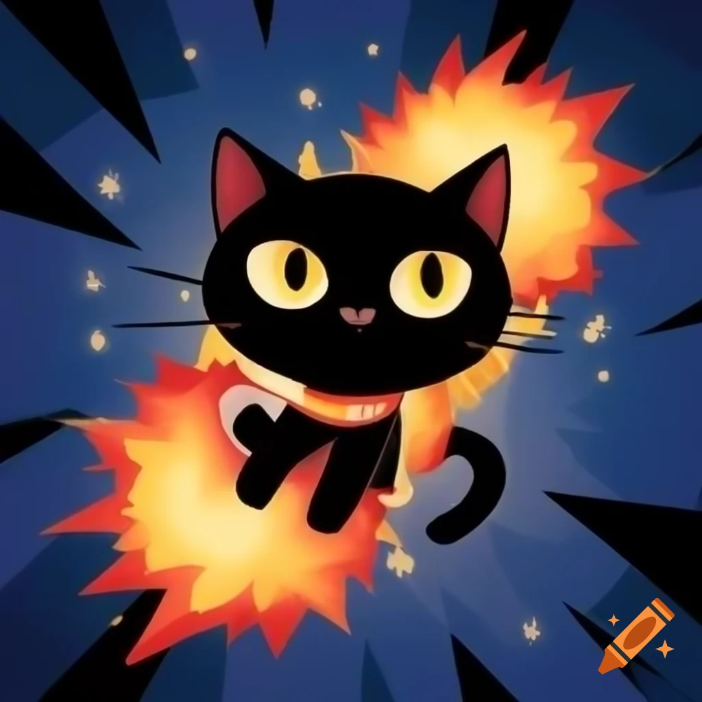 Cartoon black kitten surrounded by explosion in black and white art on ...