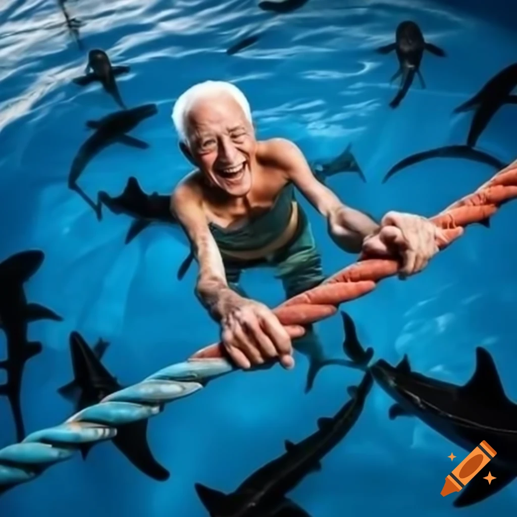 Elderly person balancing on tightrope over shark-infested pool on Craiyon