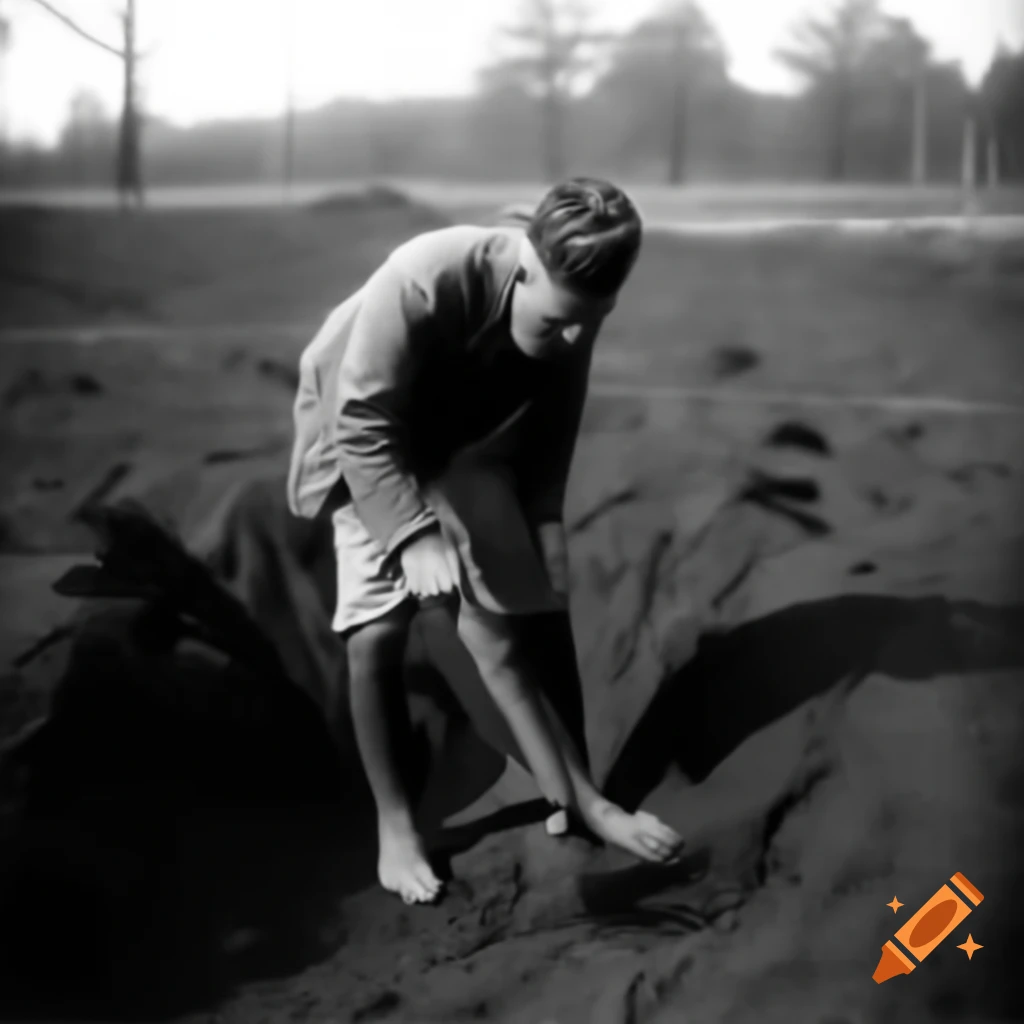 Man discovering human bones while digging in backyard, 1890s setting on ...