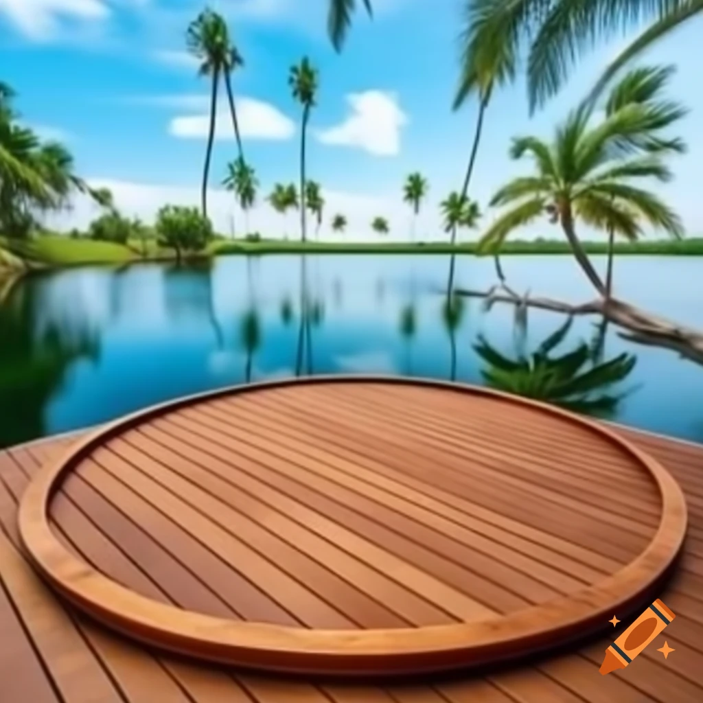 Round wooden deck in a small lake surrounded by palm trees on Craiyon