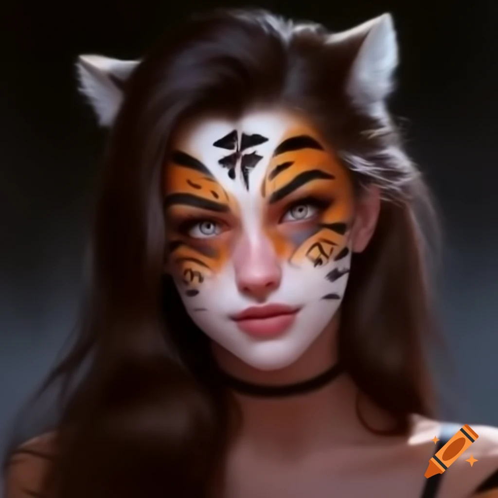 Brunette woman with tiger stripe face paint and tiger ears, hyper ...