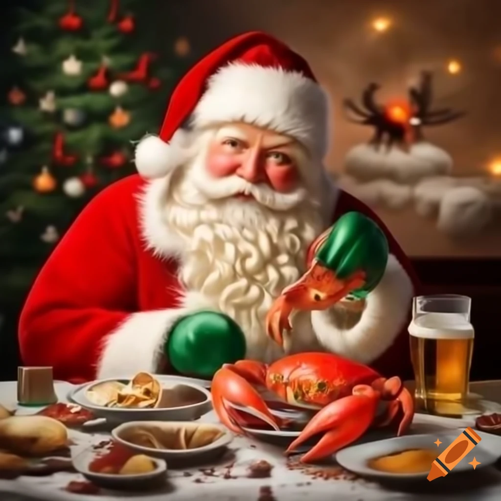 Santa enjoying a crab feast in sleigh over winter wonderland on Craiyon