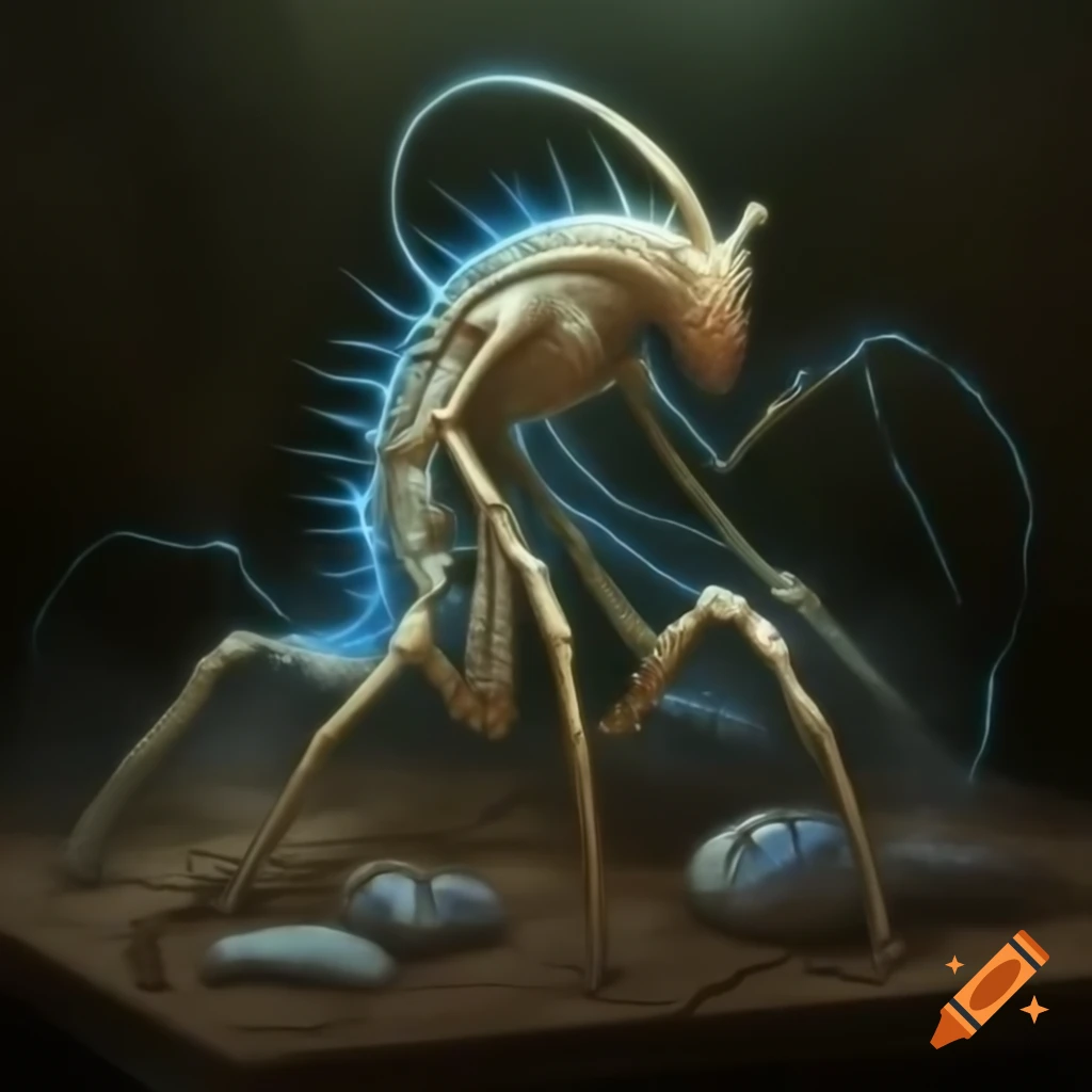 Phyrexian insectoid forming mind link with human in hive chamber on Craiyon