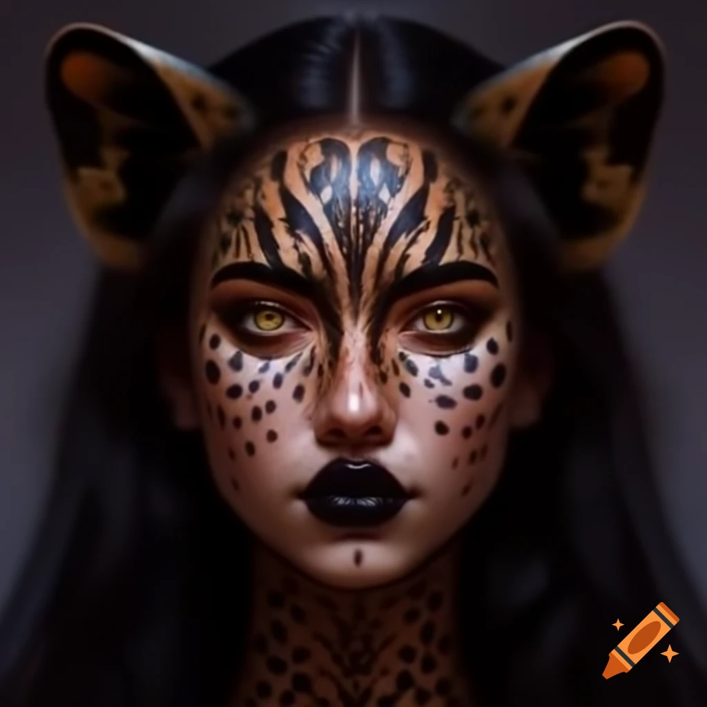 Hyper realistic woman with leopard print face and leopard ears on Craiyon