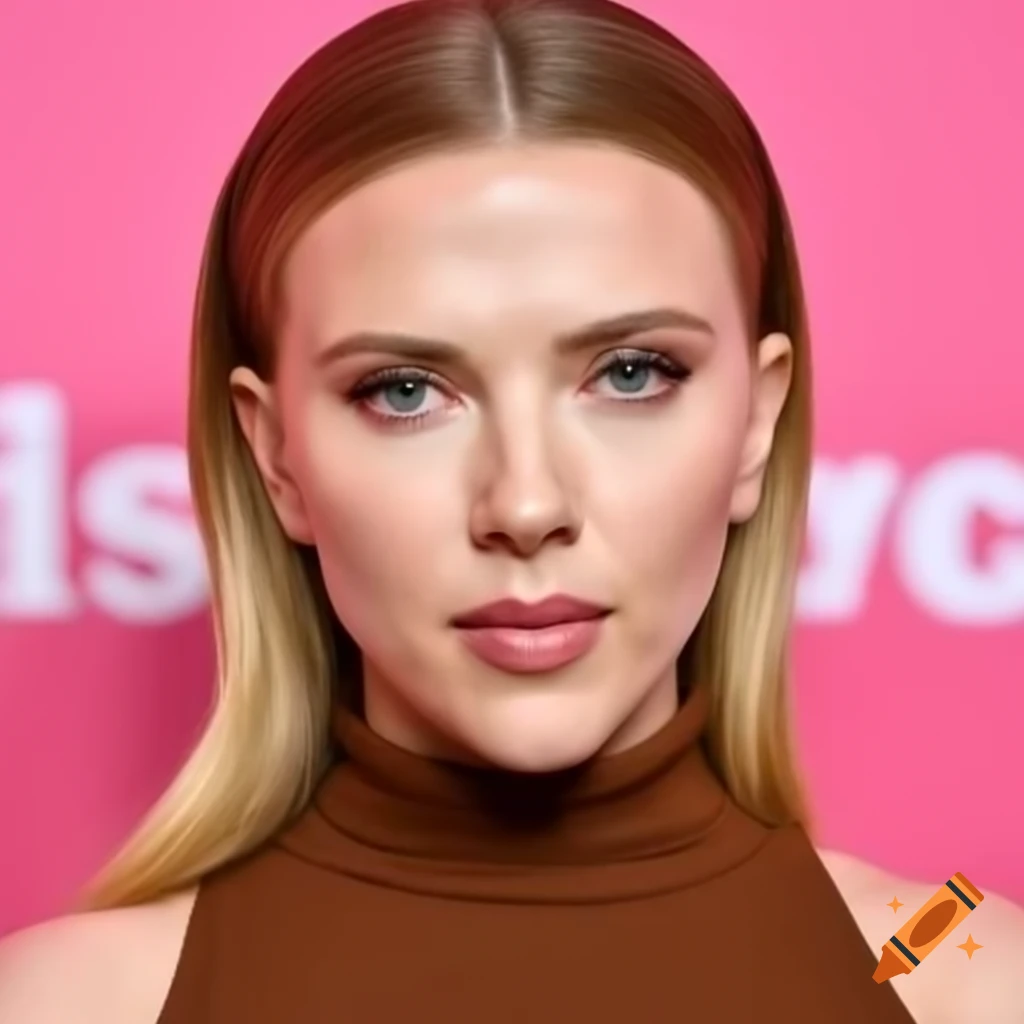 Scarlett Johansson in brown turtleneck tank top against hot pink backdrop on Craiyon