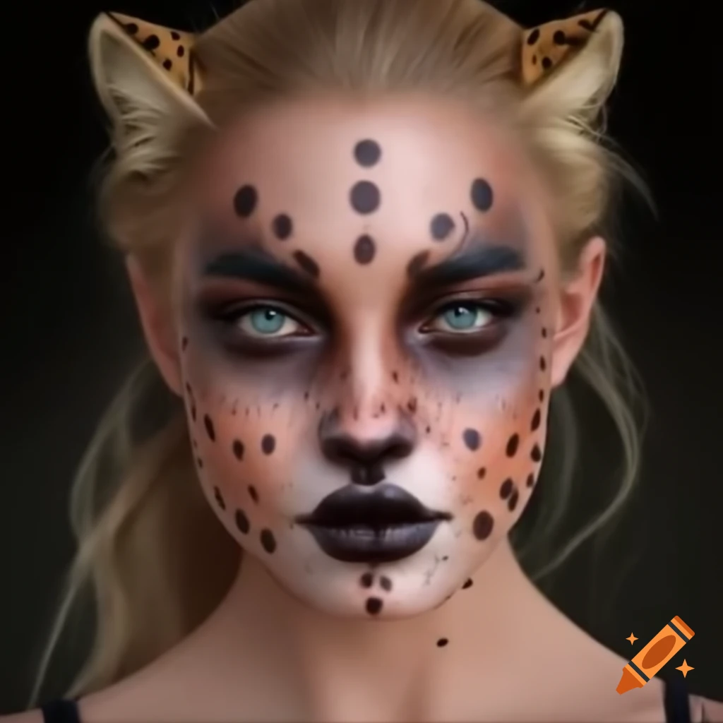 Blonde woman with leopard spots on face and leopard ears in hair on Craiyon