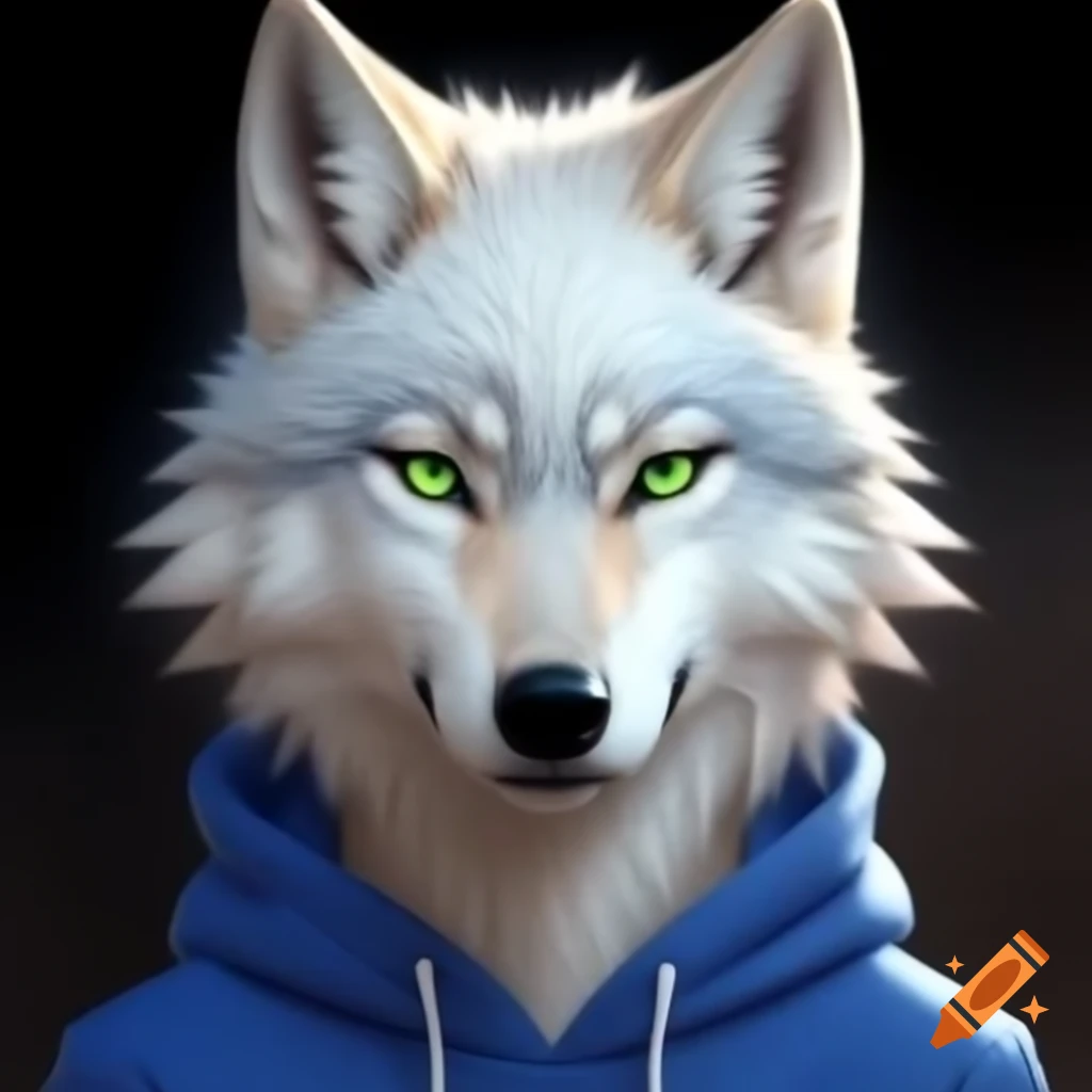 Wolf human character with fluffy white and silver fur wearing blue ...