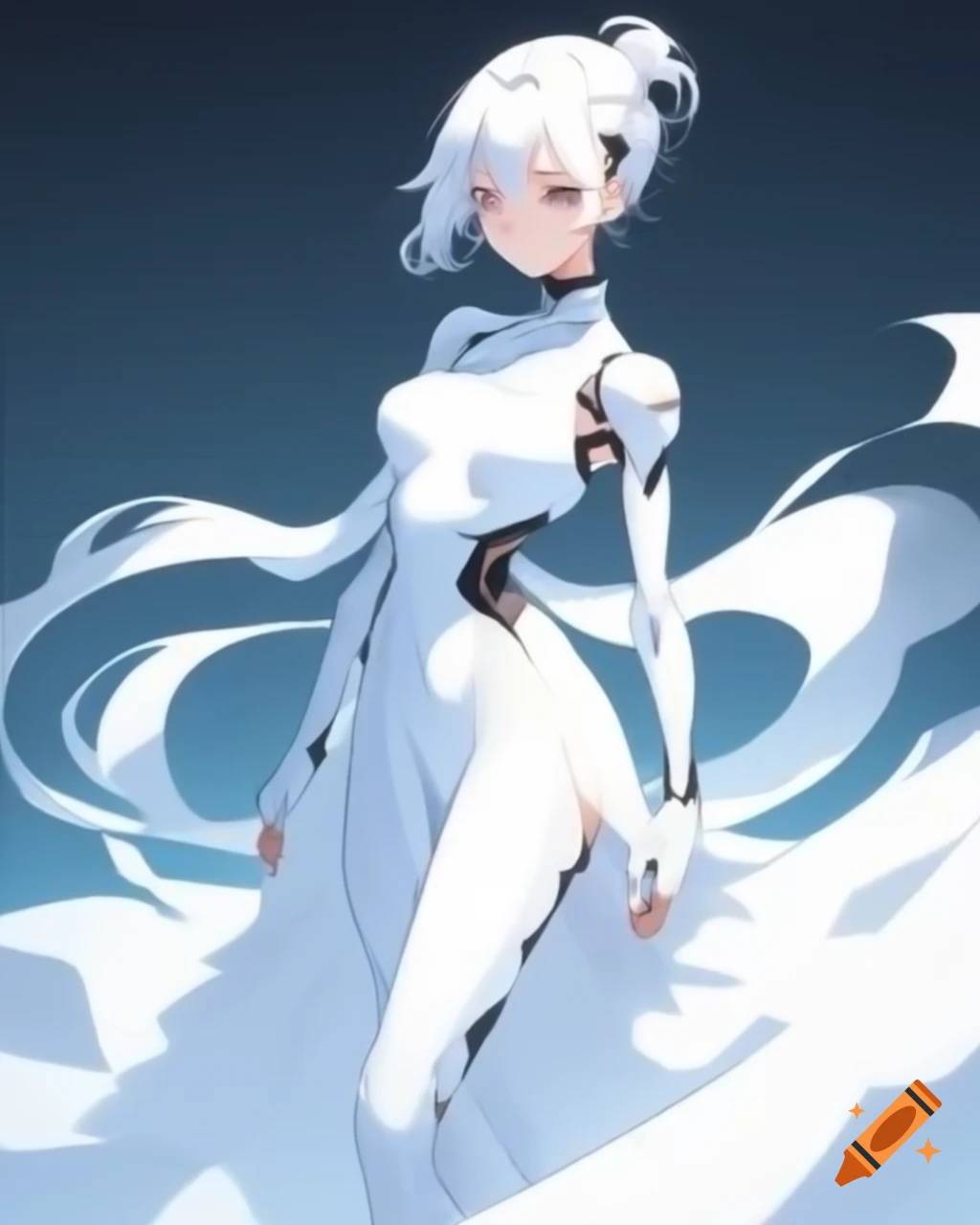 Cyborg girl in flowing white dress in anime style on Craiyon