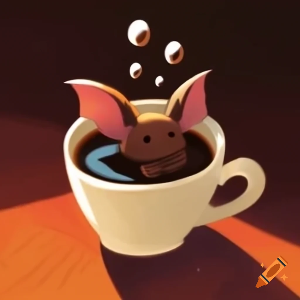 Whimsical illustration of bat in steaming coffee cup with bubbles on ...