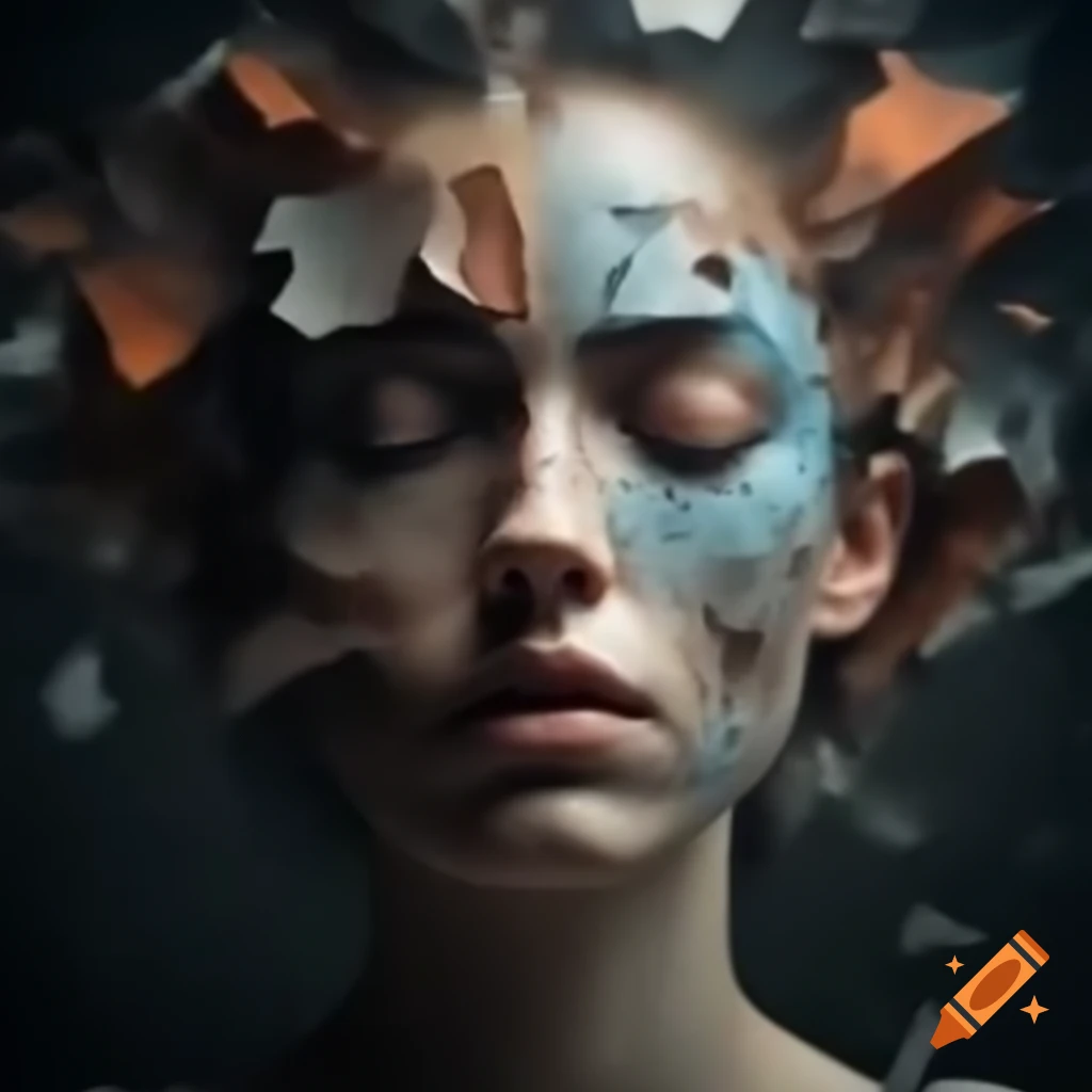 Fragmented female face in abstract artwork on Craiyon