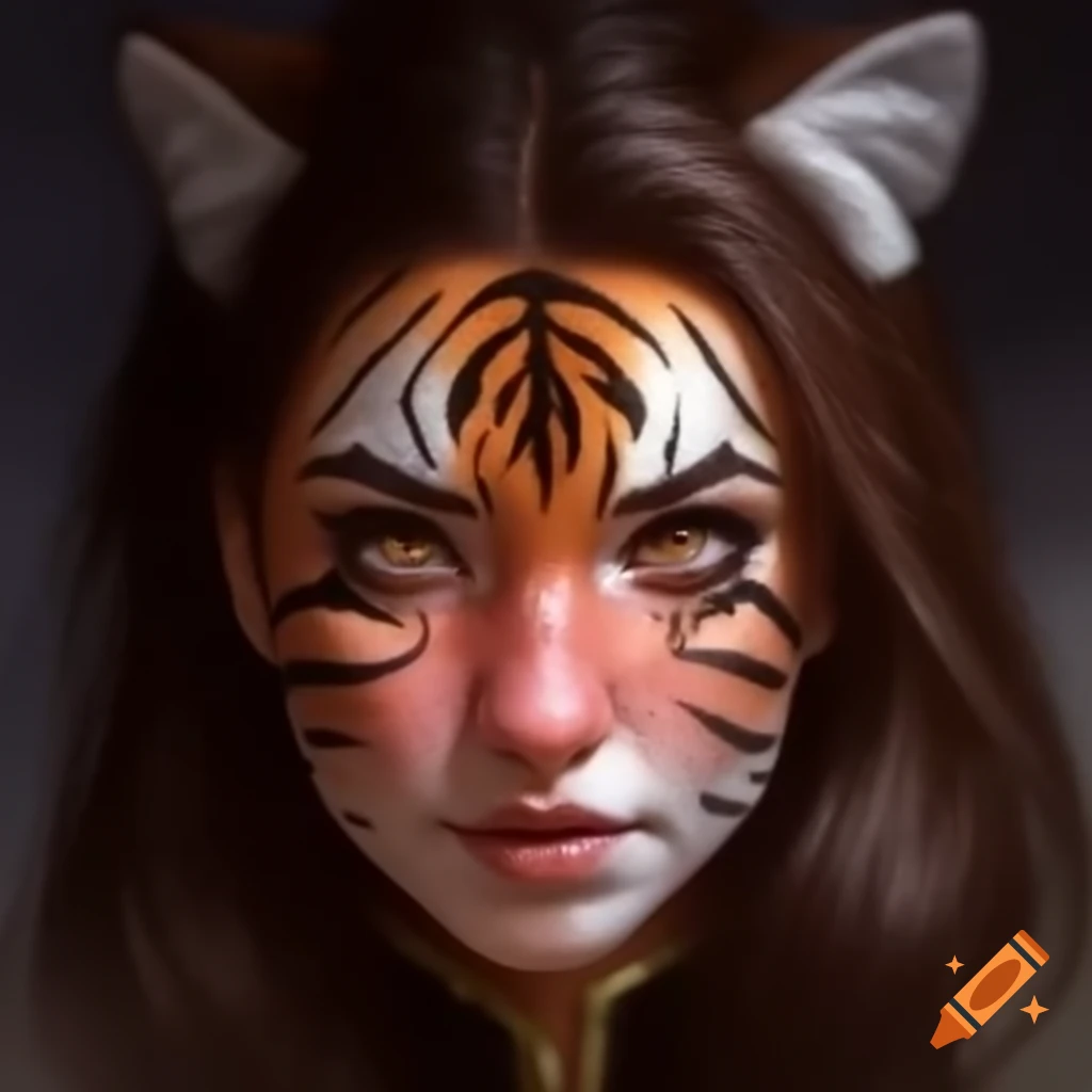 Brunette woman with tiger stripes face paint and ears, hyper-realistic ...