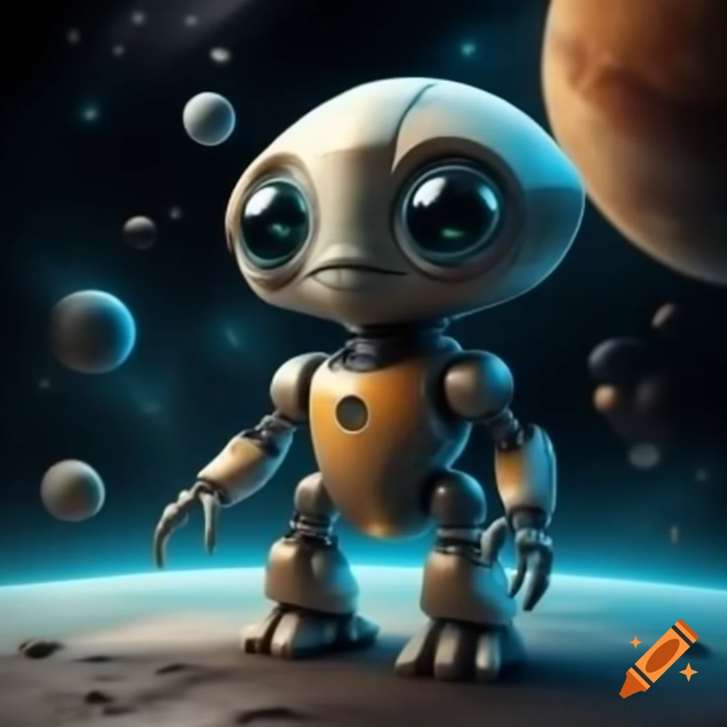 Charming little robot alien exploring space and new planets on Craiyon