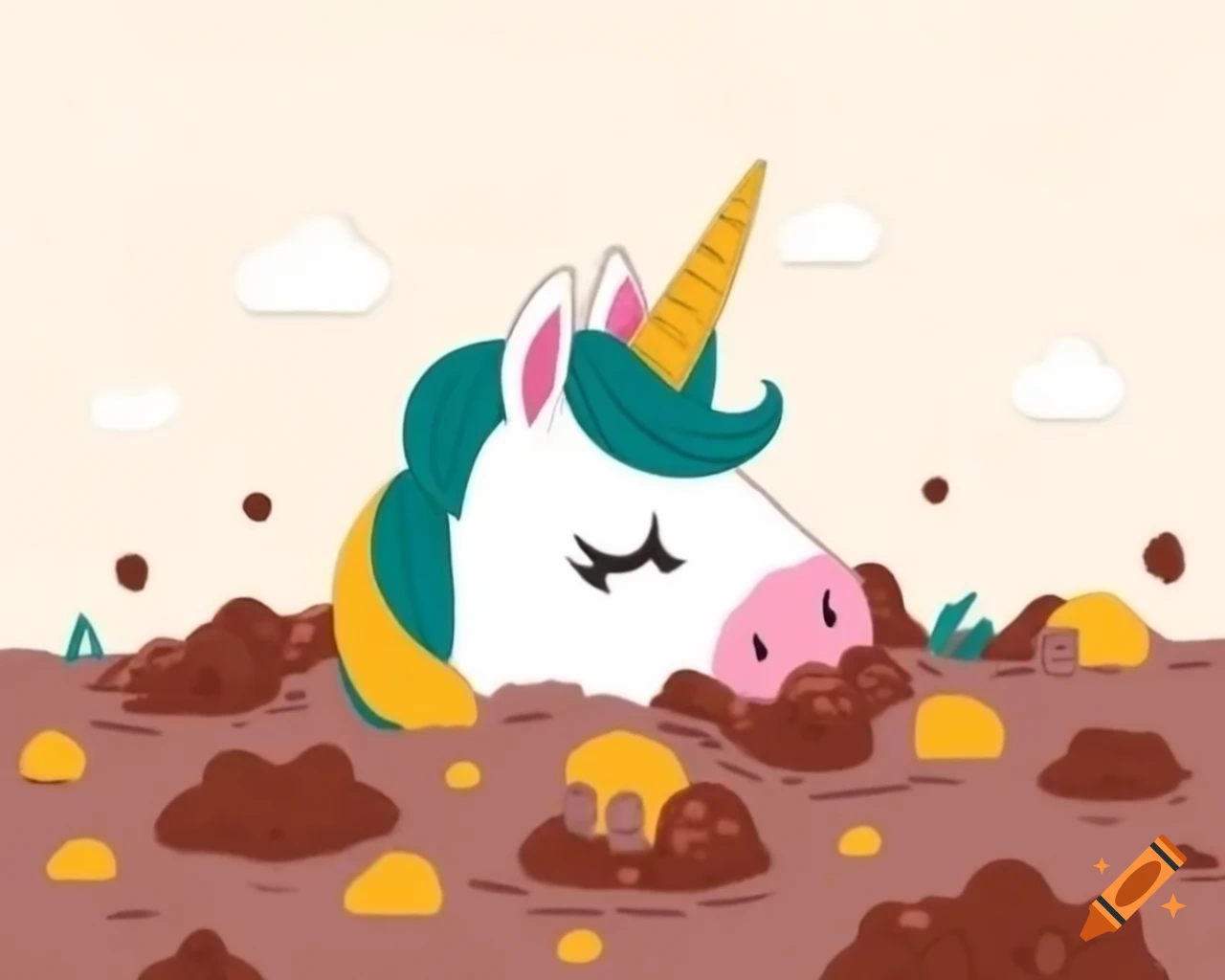 Sad unicorn head closeup in muddy manure, 2D colored drawing on Craiyon