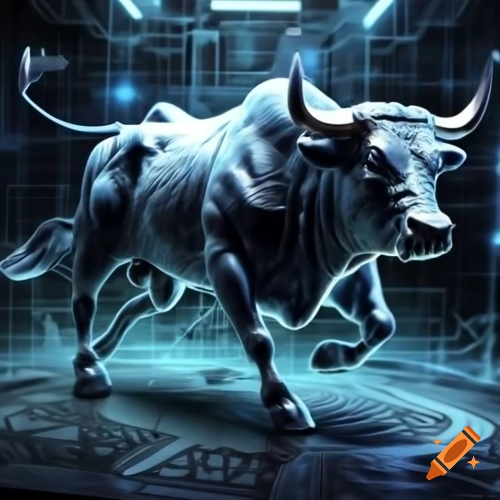 Detailed blueprint of a bull with circuit patterns symbolizing bullish ...