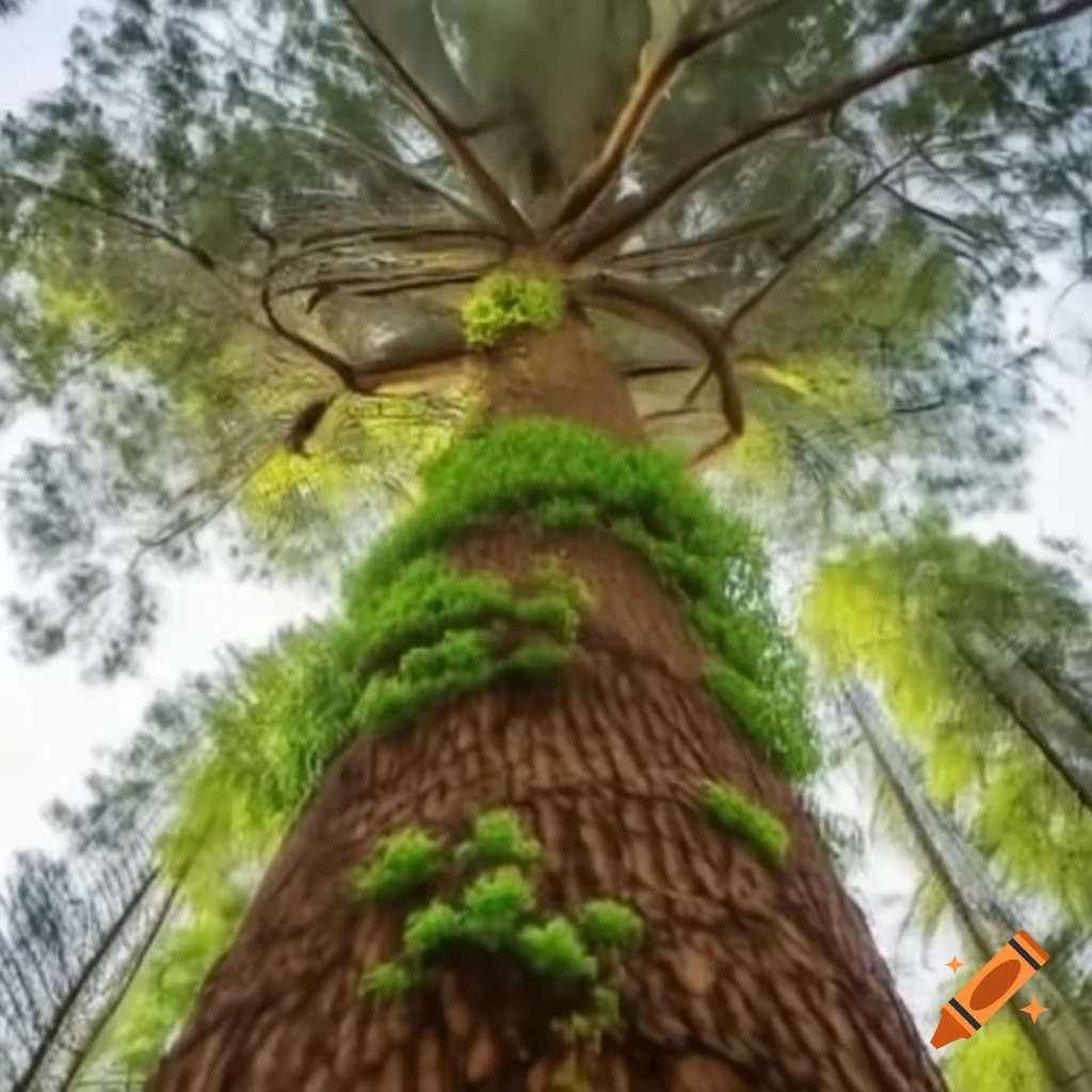 Huge casuarina tree with green creeper plant climbing its trunk on Craiyon