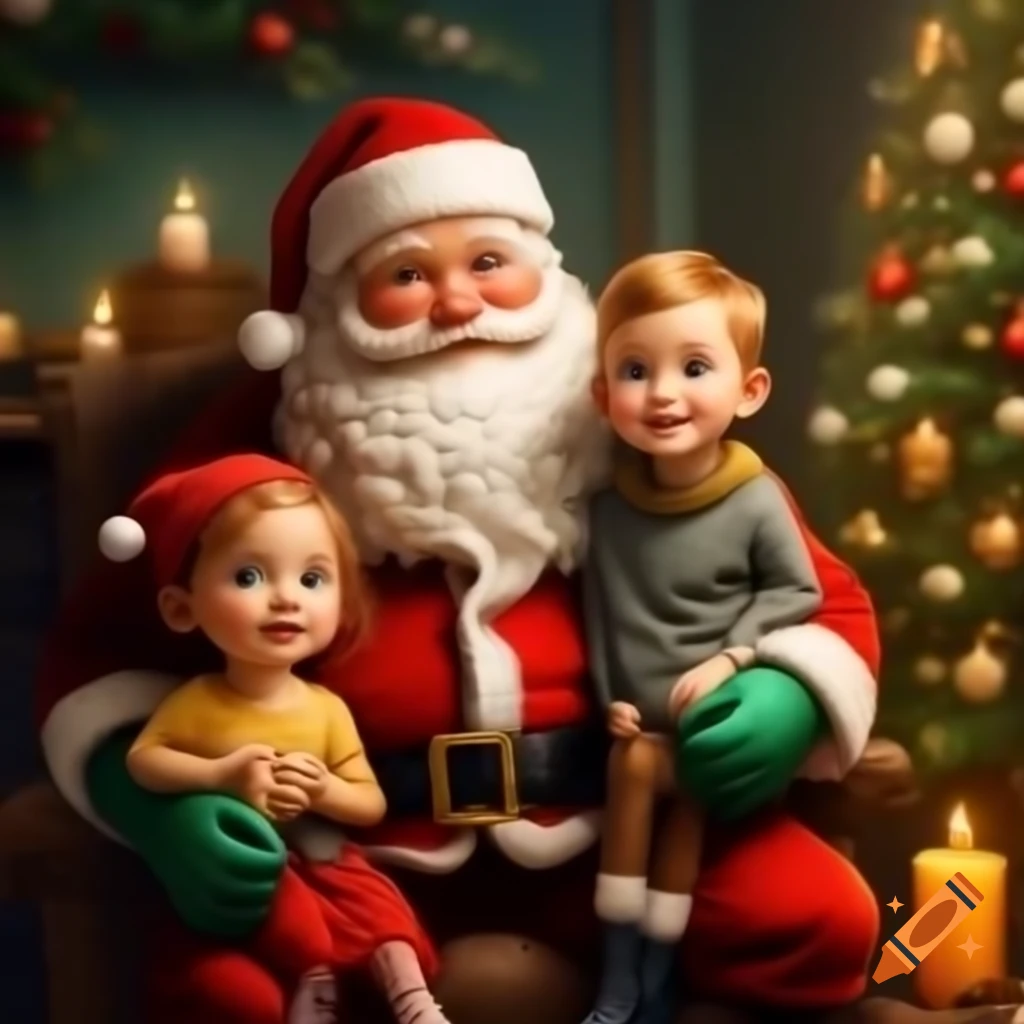 Santa Claus with two children in front of a Christmas tree with candles ...