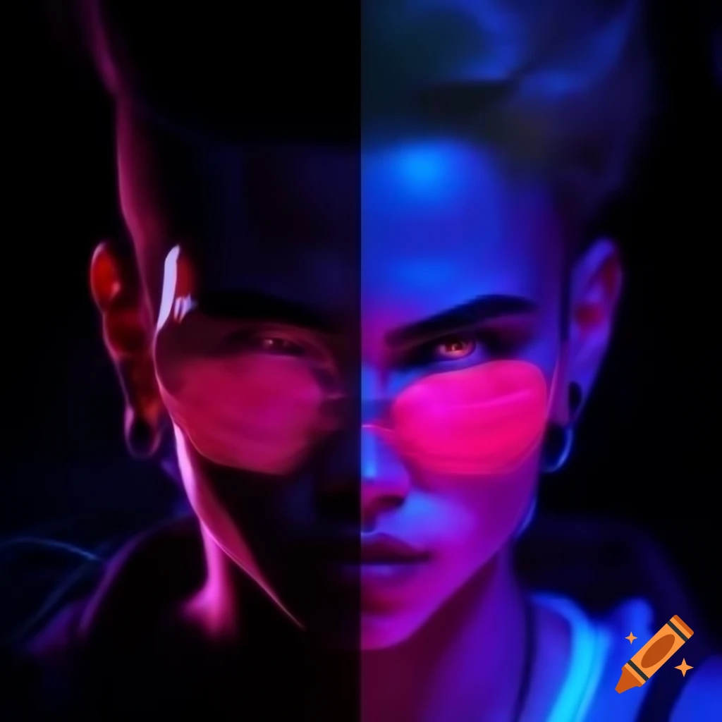 Cyberpunk digital illustration of split head in neon pink and vibrant ...