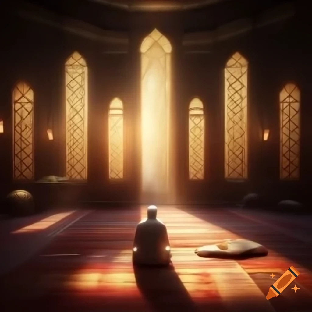 Serene golden-lit room with Islamic architecture and patterned windows ...