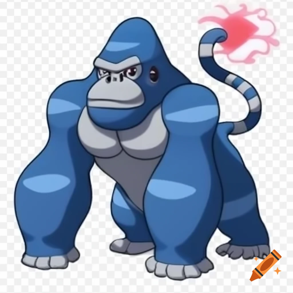 Fusion pokémon of gorilla and nue with blue fur and black tiger stripes, radiating electric ...