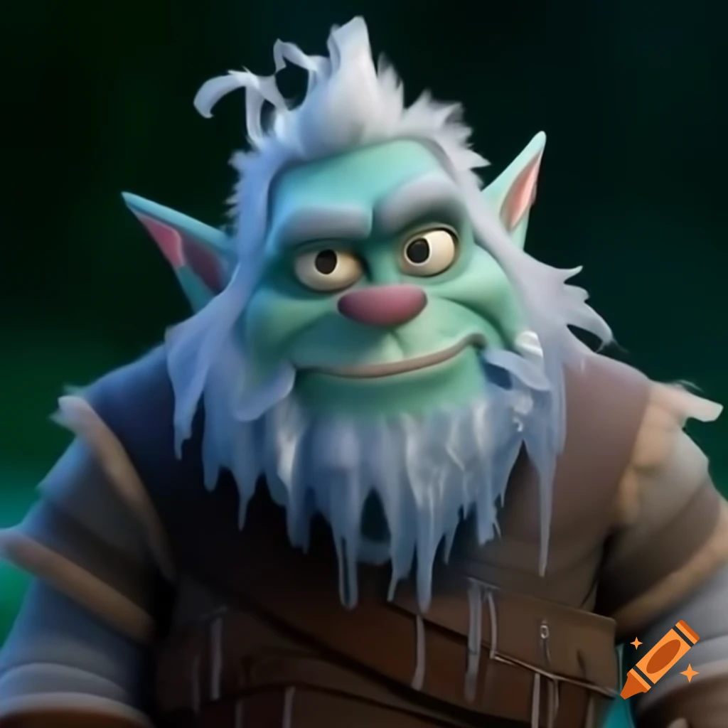 Quirky goblin with icicle beard in mismatched winter clothing on Craiyon