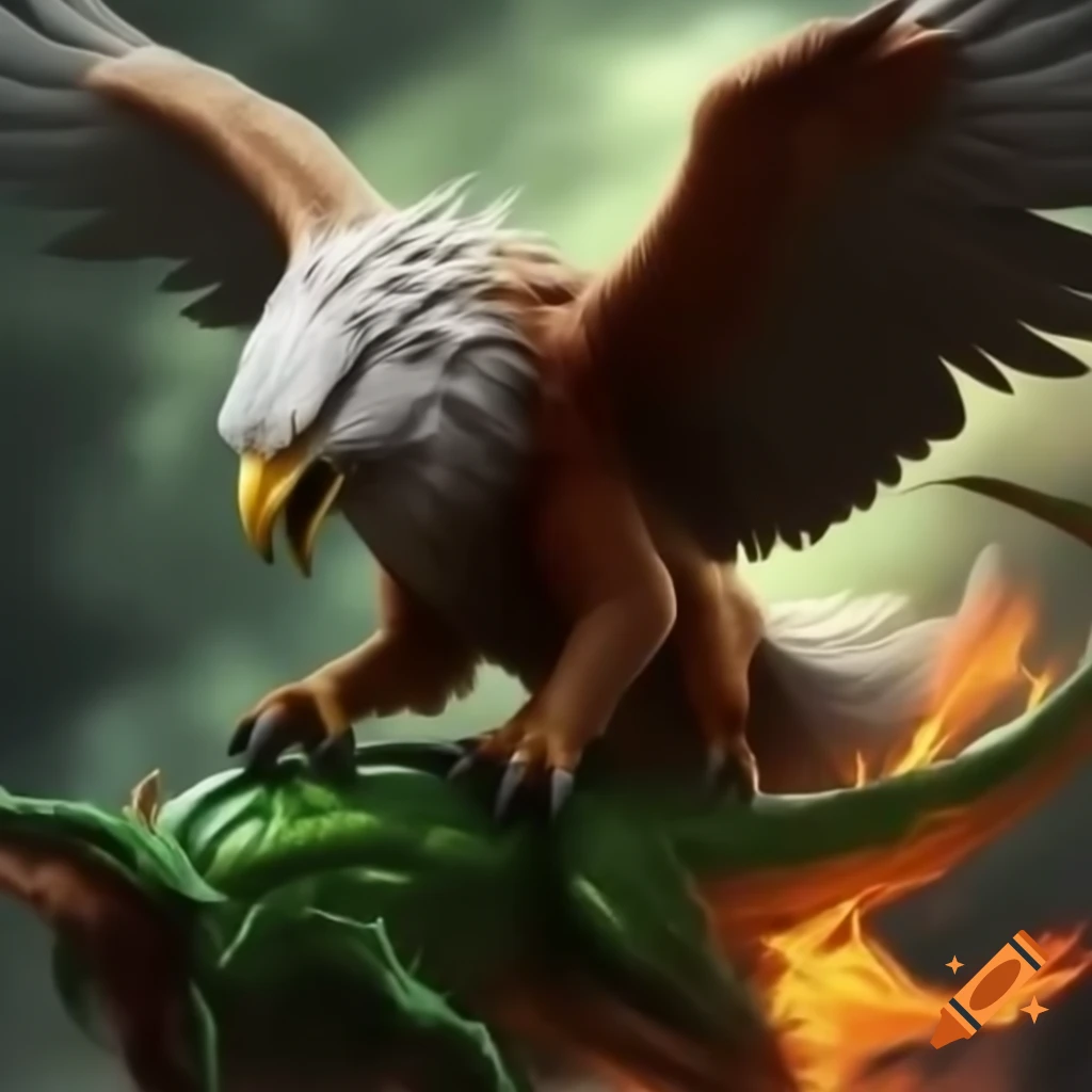 Griffin in flight battling a green fire-breathing dragon on Craiyon