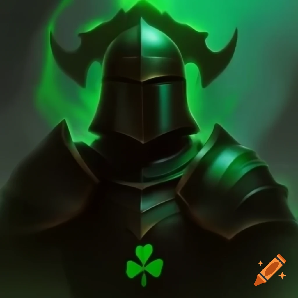 Shadowy knight with glowing helmet and shamrock etched armor on Craiyon