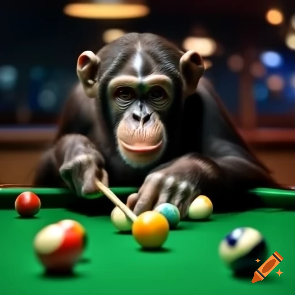 Concerned chimpanzee engaging in billiards game on Craiyon