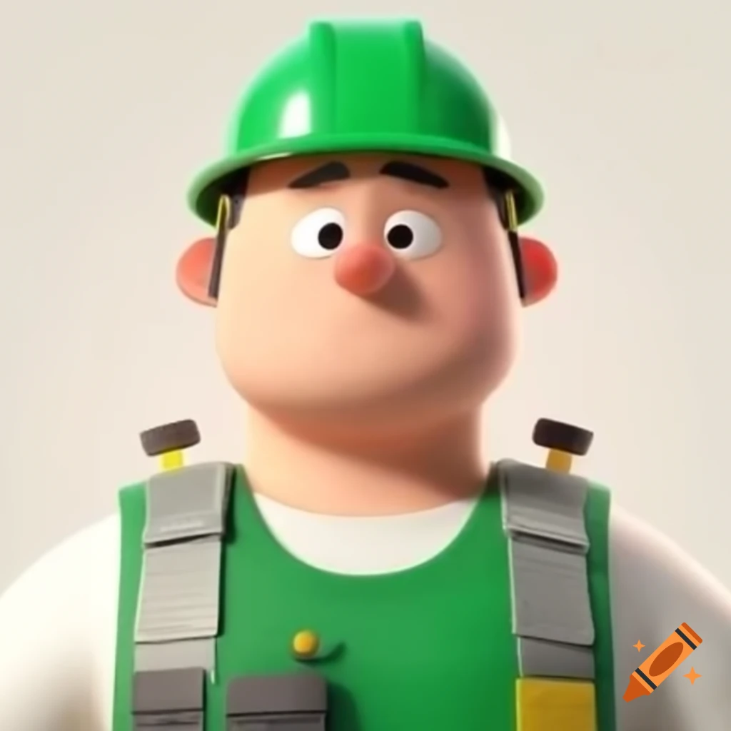 Animated safety officer wearing green helmet and vest against white ...