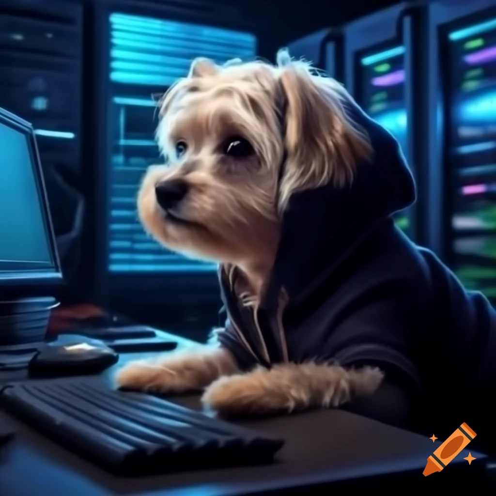 Tech-savvy maltese dog in hoodie sitting before computer monitor in ...