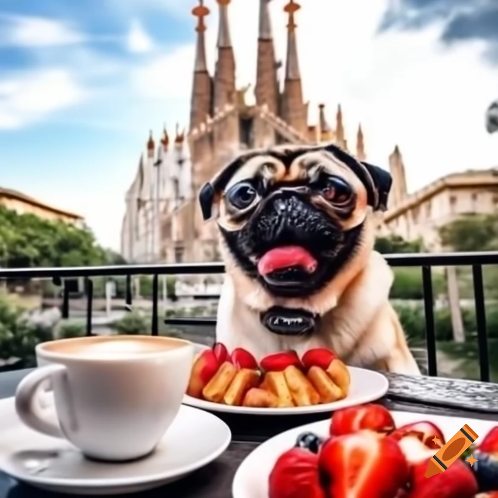 Pug enjoying strawberry pancake breakfast with cappuccino at sagrada ...