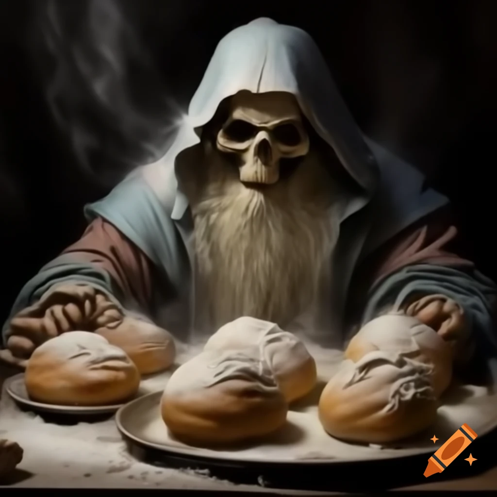 Decaying wizard with stained robes crafting pastries, intriguing mix of ...