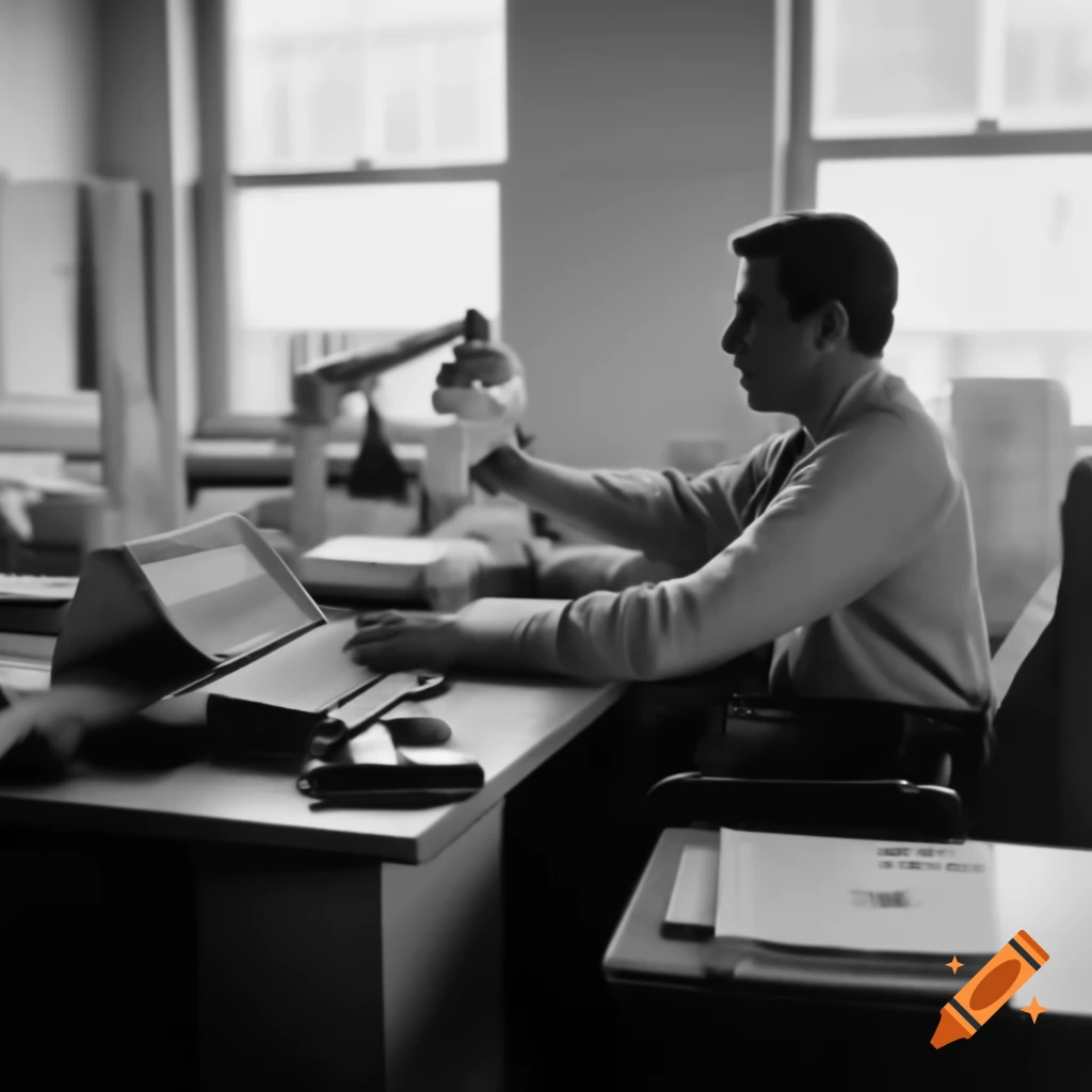 Casual 1975 office scene with businessman, keyboard sounds, and clean ...