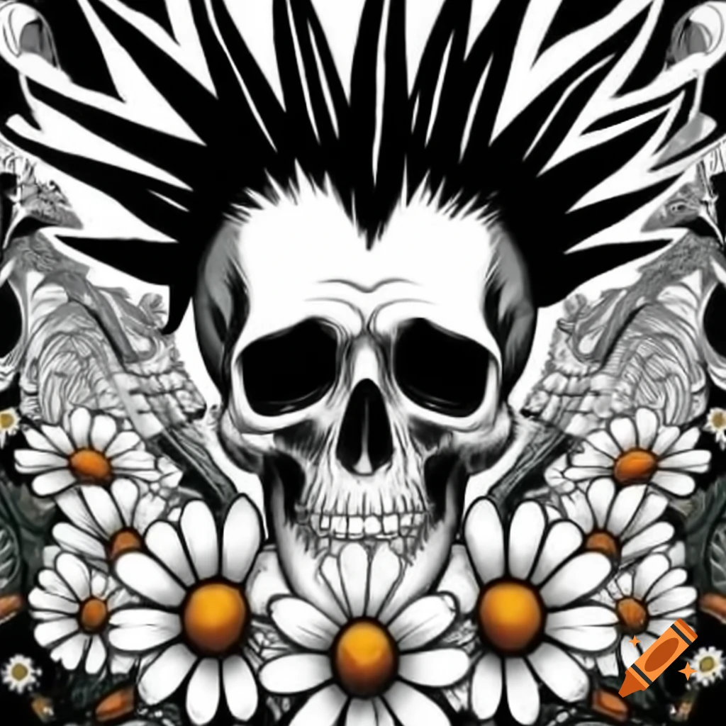 Punk band logo featuring skull with mohawk, bones, and daisies on Craiyon