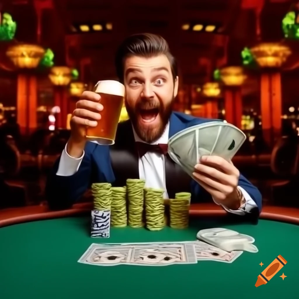 Happy man gambling with beer, smiling broadly on Craiyon