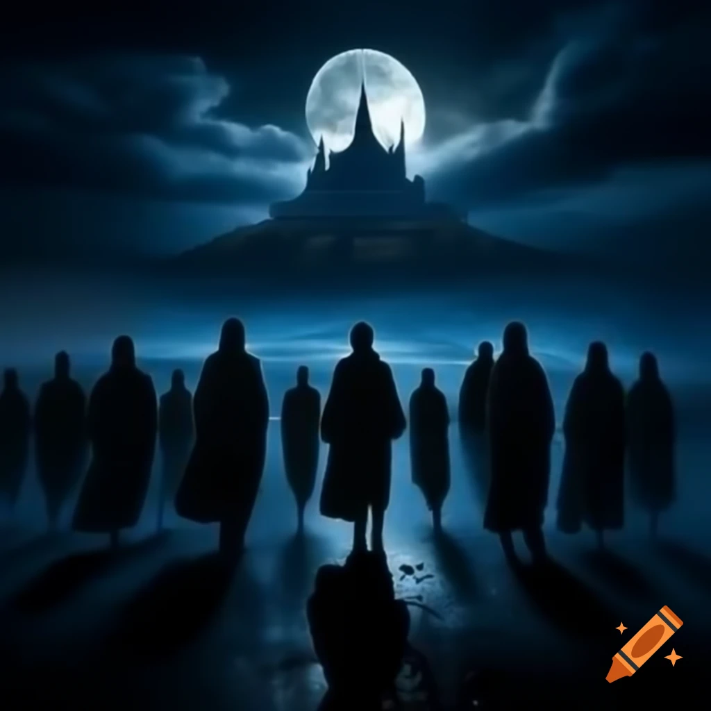 Silent procession of people towards castle under night sky with ...