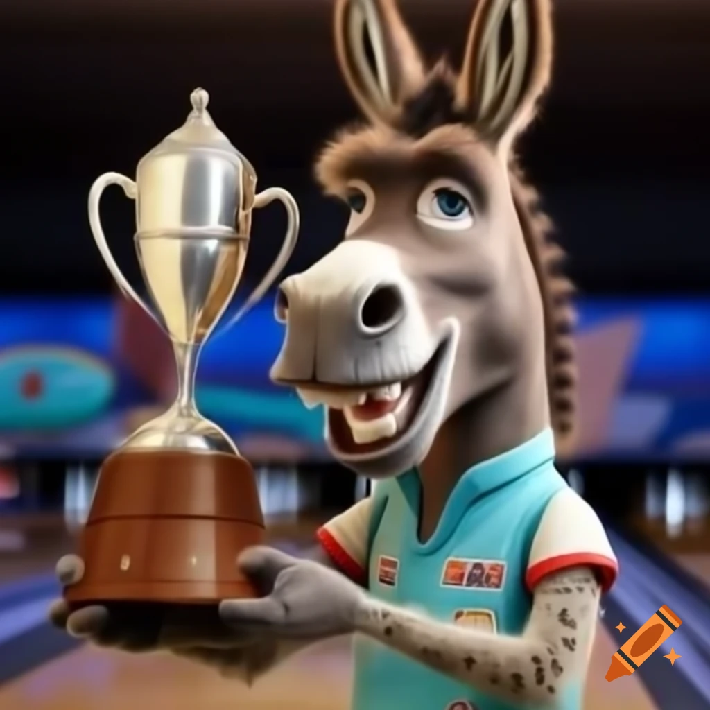 Shaggy donkey in bowling shirt holding trophy with triumphant ...